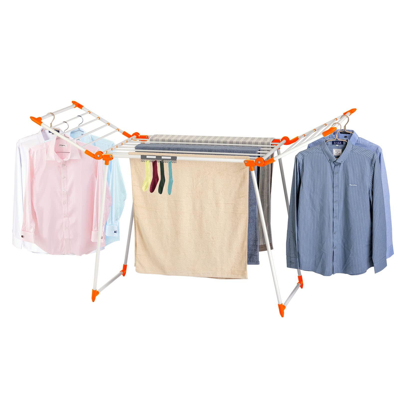 YUBELLES Clothes Drying Rack, Gullwing Laundry Rack, Collapsible, Space-Saving Laundry Rack, with Bonus Sock Clips, for Clothes, Towels, Linens, Indoor/Outdoor, Orange