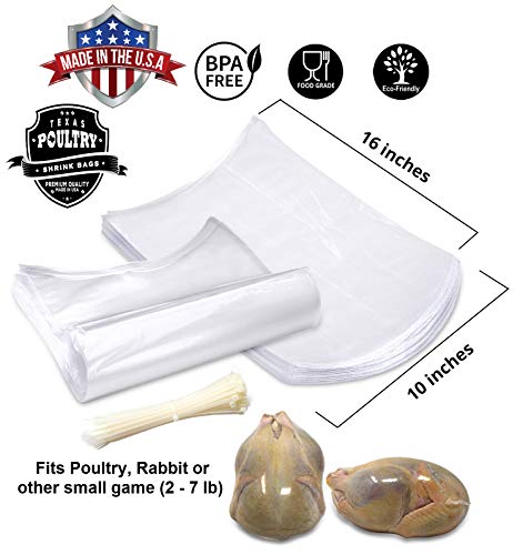 Poultry Shrink Bags - 100 Clear 10" x 16" for Whole Chickens or Rabbits w/ 100 zip ties included / 2.5 Mil Freezer Safe Commercial Grade BPA BPS Free