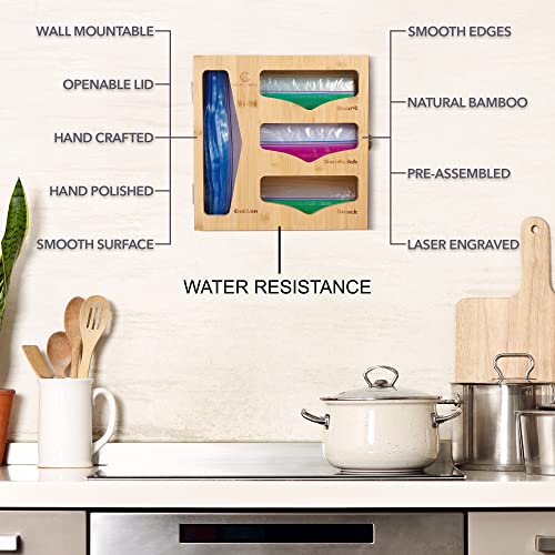 CasaClassics Ziplock Bag Storage Organizer β Eco-Friendly Bamboo Organizer for kitchen drawer β Easy to load Ziplock bags β Wall mountable - Compatible with Ziploc, Solimo, Glad, Hefty for Gallon, Quart, Sandwich, and Snack Variety Size Bag