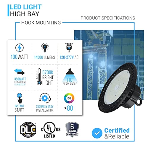 LEDMyplace LED High Bay Lights 100W 5700K Daylight White UFO High Bay Black LED Shop Lights for Garage Factory Workshop Warehouse Lighting 14500lm IP65 UL DLC Approved