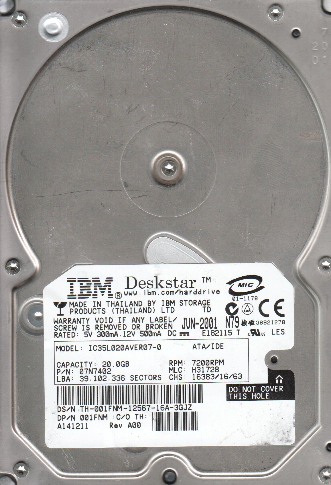 IC35L020AVER07-0, PN 07N7402, MLC H31728, IBM 20GB IDE 3.5 Hard Drive