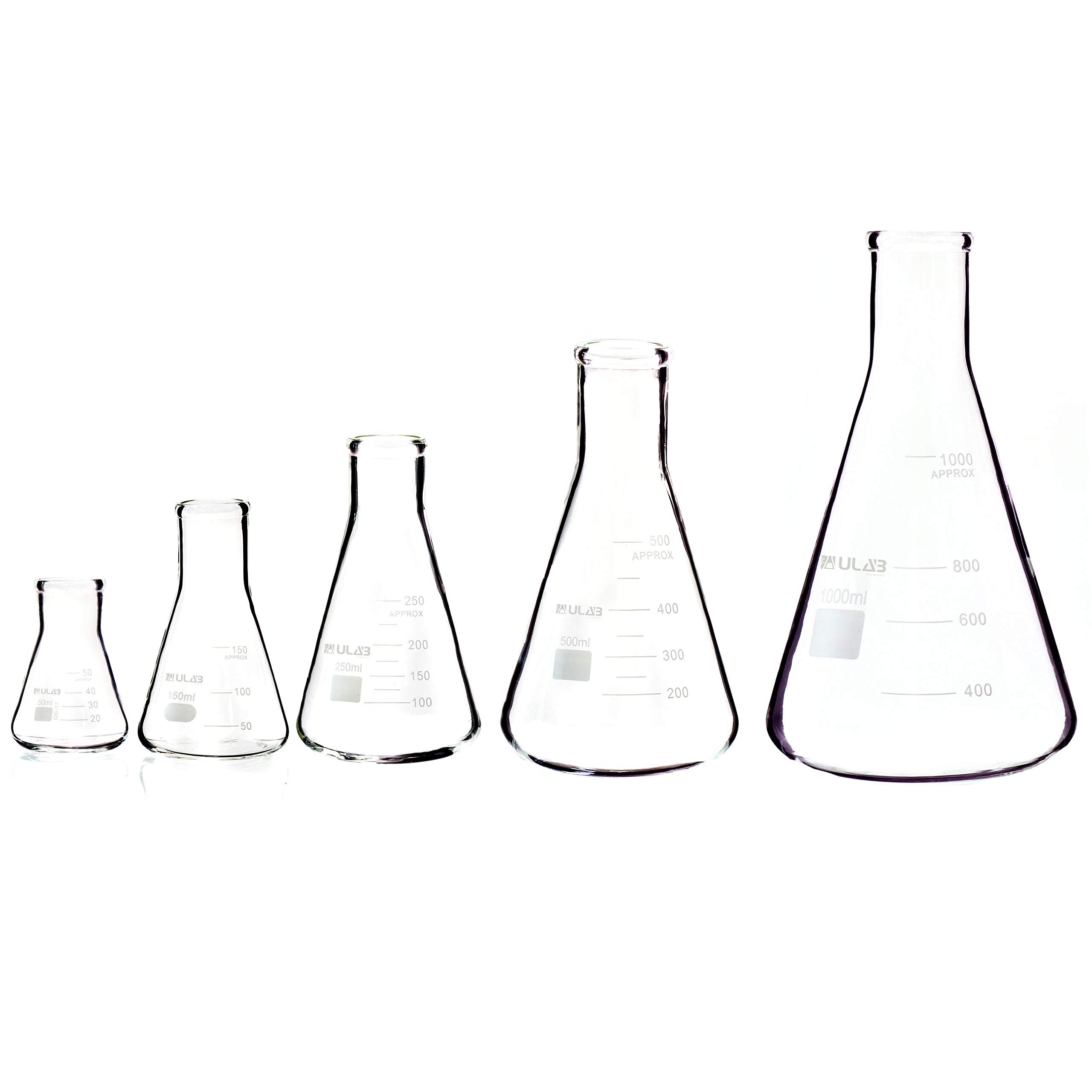 ULAB Scientific Glass Erlenmeyer Flask Set, 5 Sizes 50ml 150ml 250ml 500ml 1000ml, 3.3 Boro with Printed Graduation, UEF1002