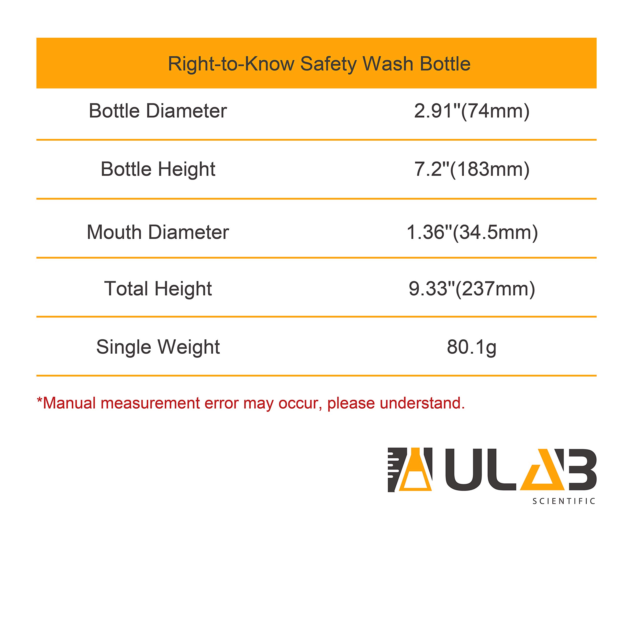 ULAB Scientific Right-to-Know Safety Wash Bottle Set, Acetone, Ethyl Alcohol, Methanol, Isopropanol, Distilled Water, Sodium Hypochloride, Vol.500ml with Draw Tube, UWB1001