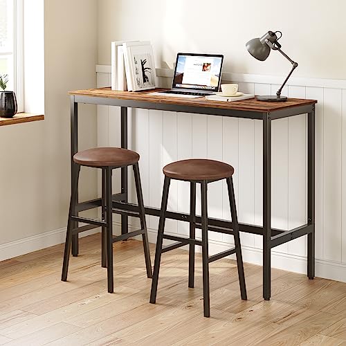 MAHANCRIS Bar Stools, 24.8 Inch PU Upholstered Breakfast Stools, Set of 2 Round Bar Chairs with Footrest, Bar Height Stools with Footrest, for Restaurant, Kitchen, Bar Counter, Rustic Brown BAHF02R01