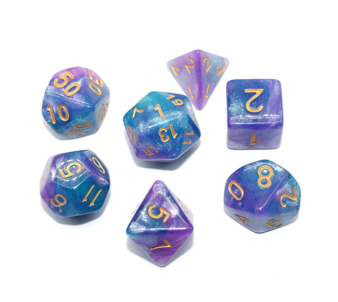 DND Dice Polyhedral 7-Die Dice Set for D&D Dungeons & Dragons Role Playing Gaming Night Sky dice with Glitter Purple Green…