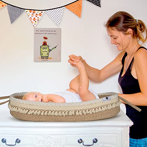 Maidek Baby Changing Basket - Handmade Woven Cotton Rope Moses Basket - Changing Table Topper with Mattress Pad, Removable Cover, Soft Blanket, Furniture - 29x16x4.7"