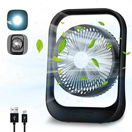 goodat 13.5 Inch Portable Desk Fan with LED Lantern Battery Operated Fan Rechargeable Folding Personal Fan Ultra Quiet 3 Speed Adjustable Strong Wind USB Fan For Office Bedroom Home Desktop Camping
