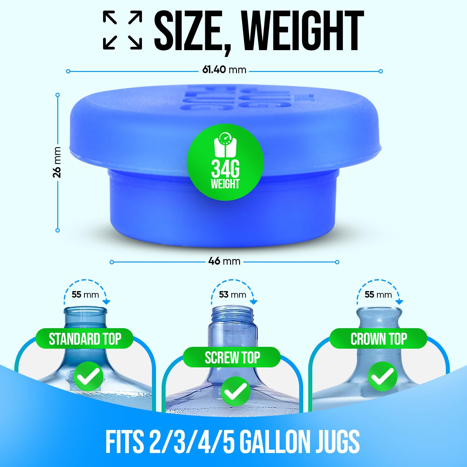 Jug Plug The Original 5 Gallon Water Jug Cap Reusable - No Spill Silicone 3 & 5 Gallon Water Jug Lid Fits 55mm Bottles with a 45mm Opening - Leak-Proof 5 Gal Water Jug Cap Replacement Cover - 3 Pack