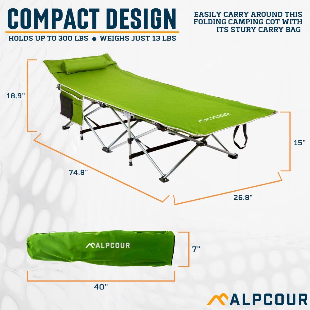 Alpcour Folding Camping Cot β Deluxe Collapsible Single Person Bed in a Bag w/Pillow for Indoor & Outdoor Use β Ultra Lightweight, Comfortable, Heavy Duty Design Holds Adults & Kids Up to 300 Lbs