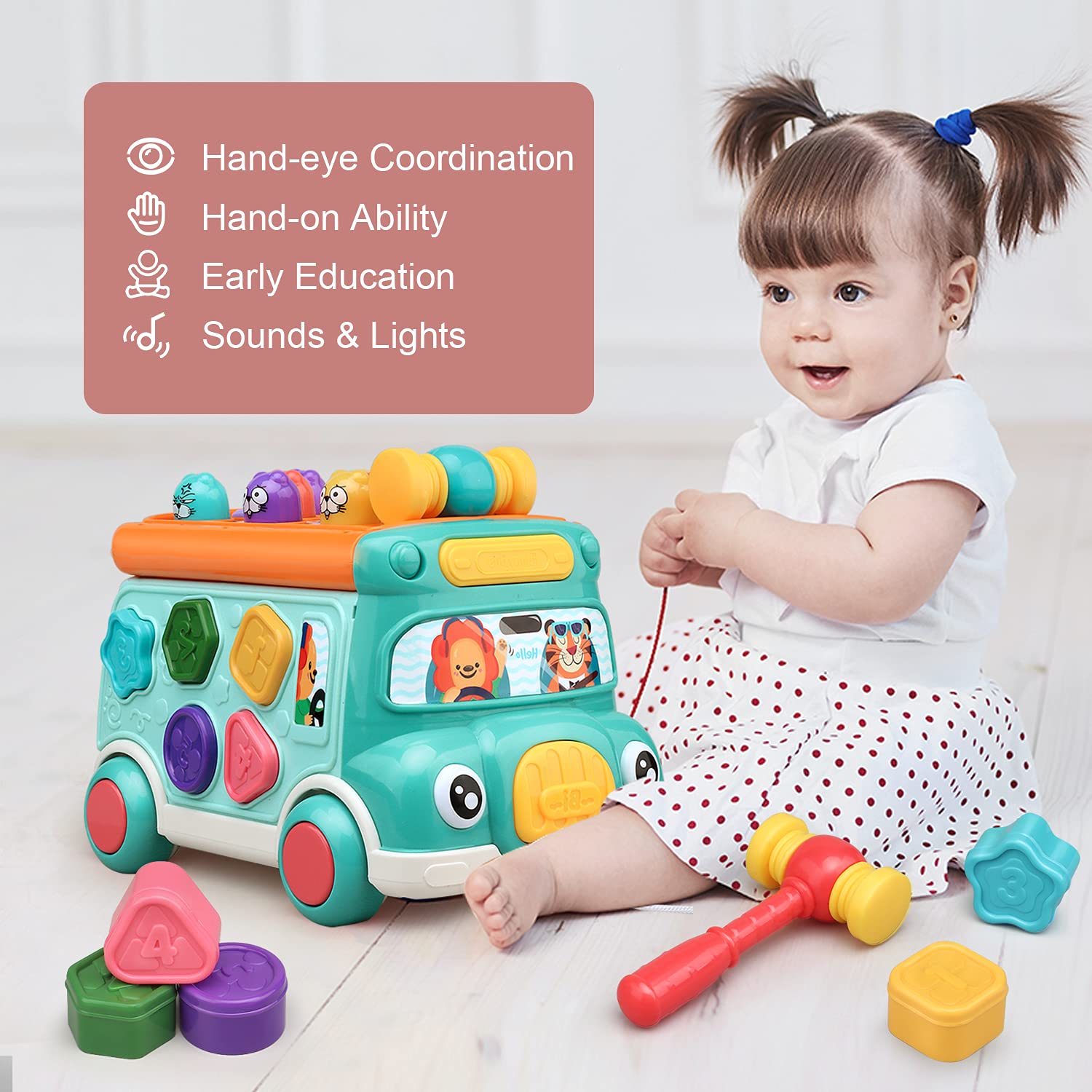 Cute Stone Push Pull Bus Toy, Baby Musical Learning Toys with Sound & Light, Whack-a-Mole Game, Shape Matching, Gear, Toy Clock, Activity Bus Toy Early Education Gift for Toddler Boys Girls
