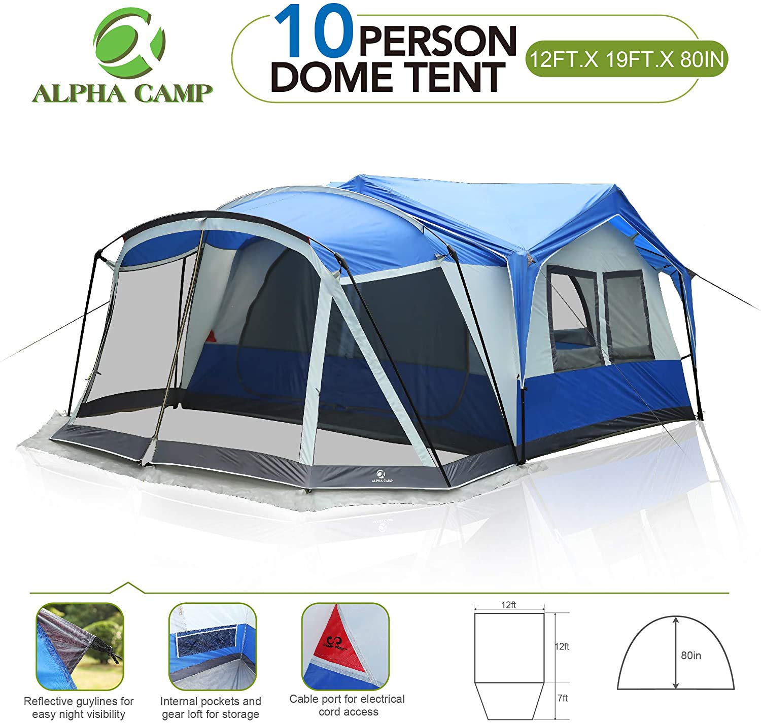 ALPHA CAMP 10-12 Person Family Camping Tent with Screen Room Cabin Tent Design - 19' x 12'