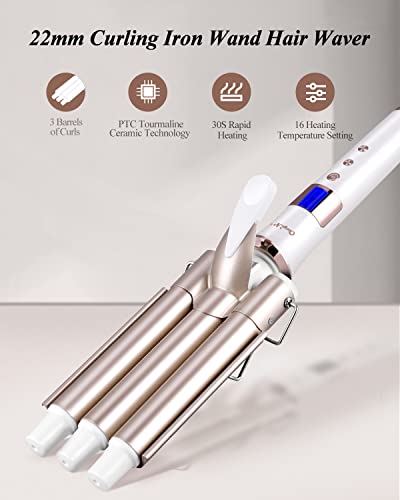 CkeyiN 3 Barrel Curling Iron Wand Hair Waver with LCD 16 Temperature Control Display, Ceramic Tourmaline Crimper Hair Iron with Glove, for All Hair Types Crimper Beach Waving Styling (Display)
