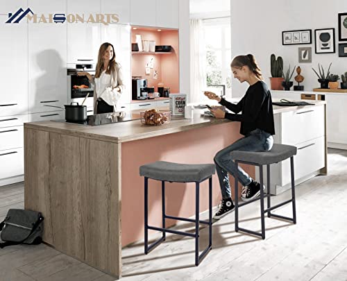 MAISON ARTS Grey Bar Stools Set of 2 Counter Height 24 Inches Saddle Stools for Kitchen Counter Backless Modern Barstools Upholstered Faux Leather Stools Farmhouse Island Chairs, Grey, 2pcs