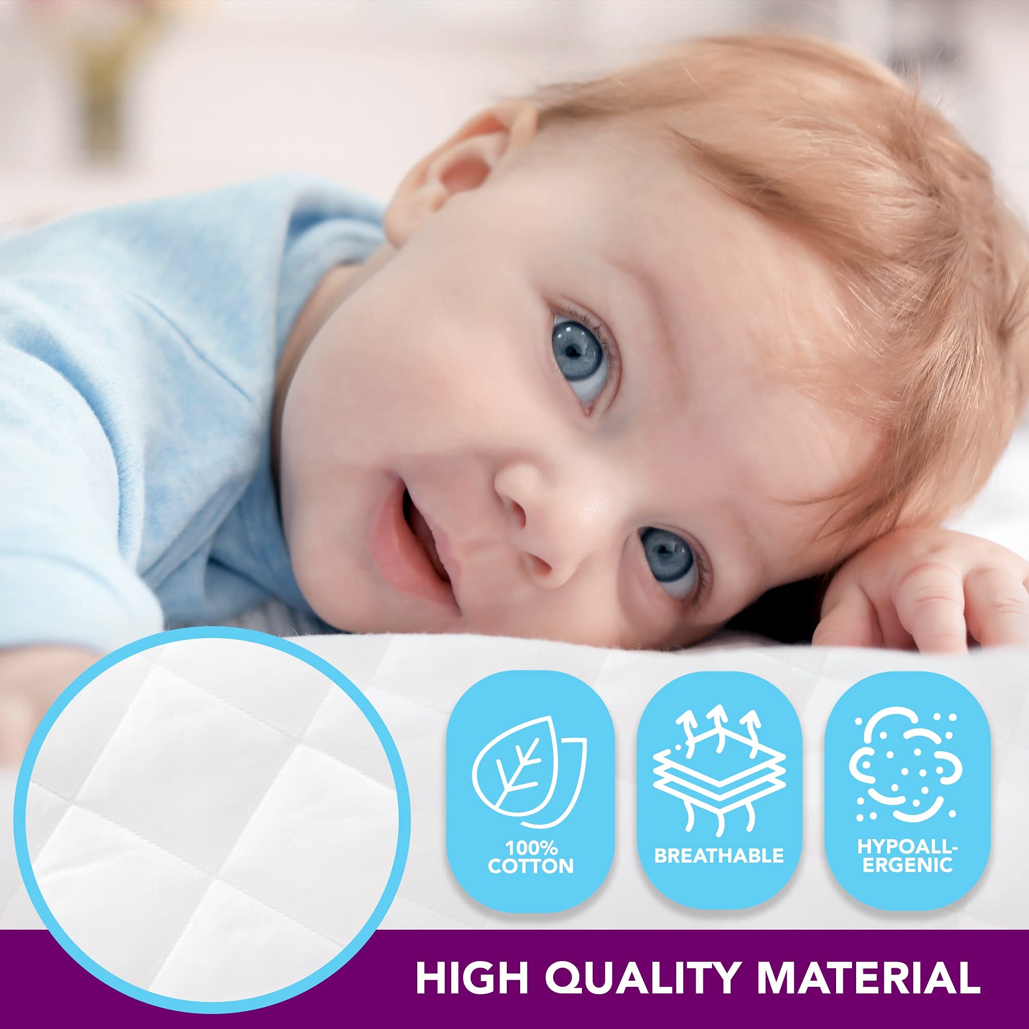 VENNETI Crib Mattress Cover - Cotton Waterproof Mattress Protector - Premium Quality Hypoallergenic and Breathable Fabrics - Soft and Comfortable - Standard Dimension (Portable Crib)