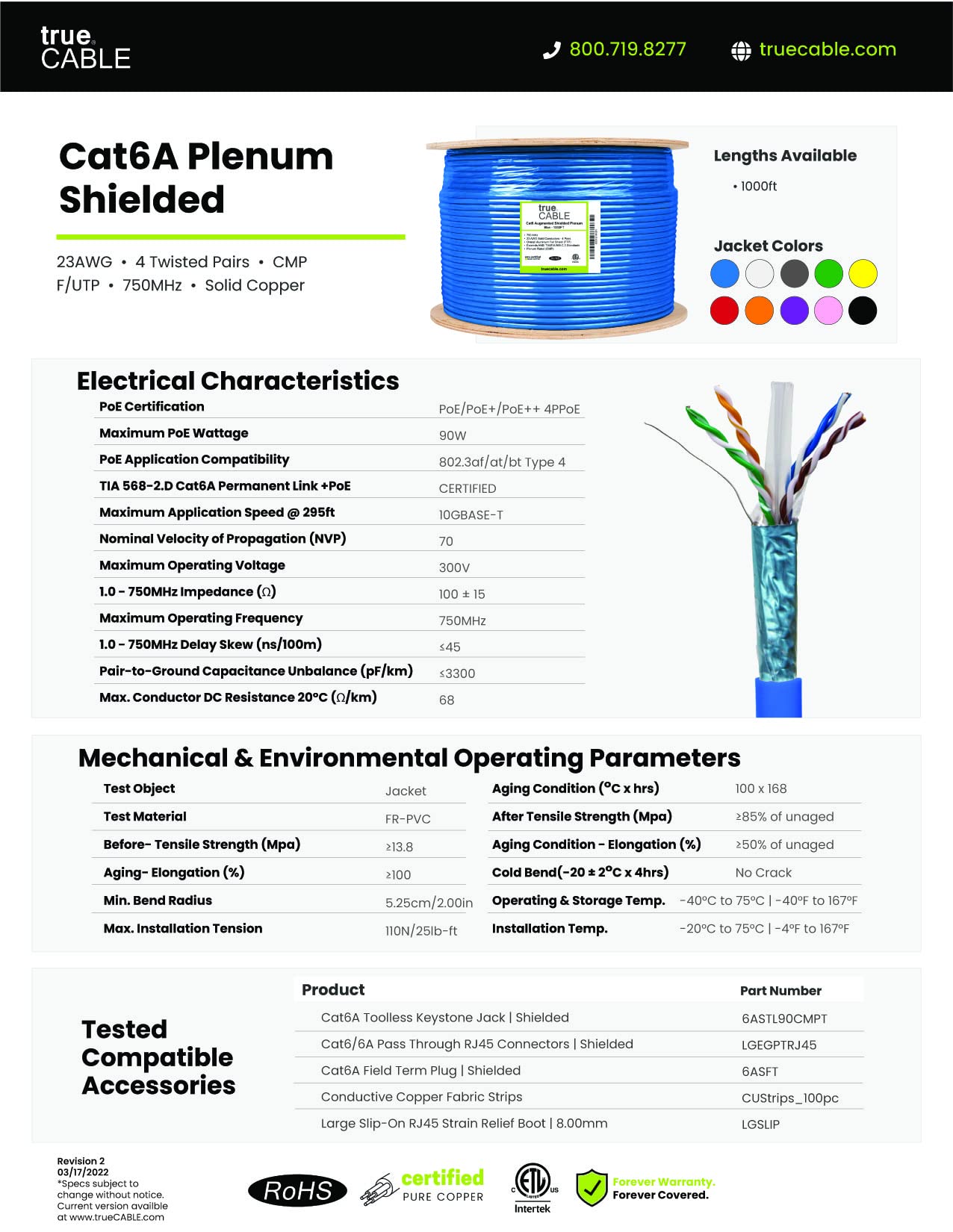 trueCABLE Cat6A Shielded Plenum (CMP), 1000ft, Blue, 23AWG Solid Bare Copper, 750MHz, PoE++ (4PPoE), ETL Listed, Overall Aluminum Foil Shield (F/UTP), Bulk Ethernet Cable