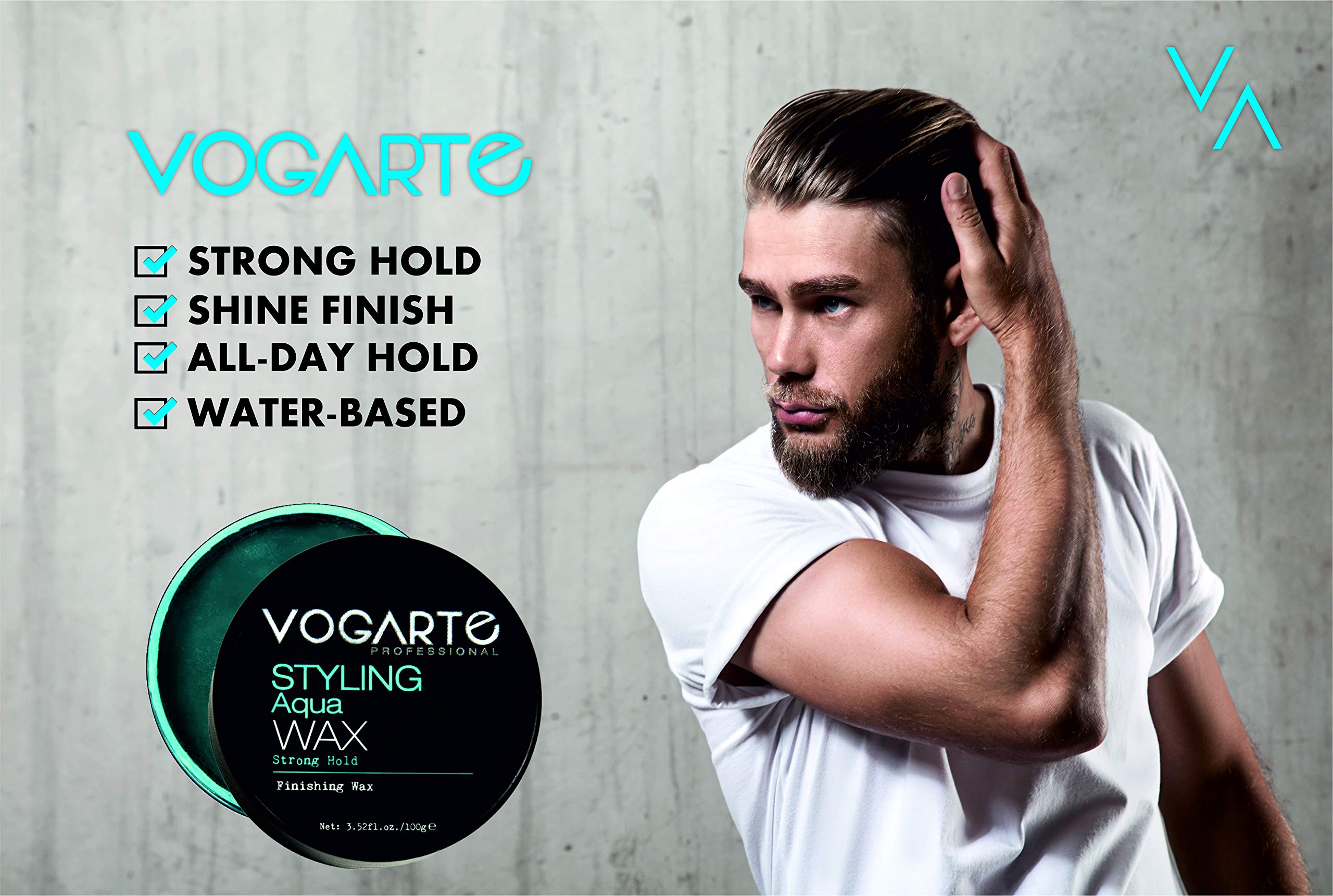 VOGARTE Hair Styling Aqua Wax for Men, Strong Hold & Shiny Finish, 3.52 oz
