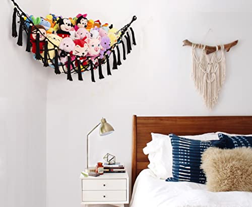 MAKEONEWO Stuffed Animal Toy Hammock Hanging- Macrame Toy Hammock with Tassels-Stuff Animals Organizer Storage Boho Large Corner Plush Toys Net Holder for Nursery, Play Room, Kids Bedroom (Black), 1 Pack