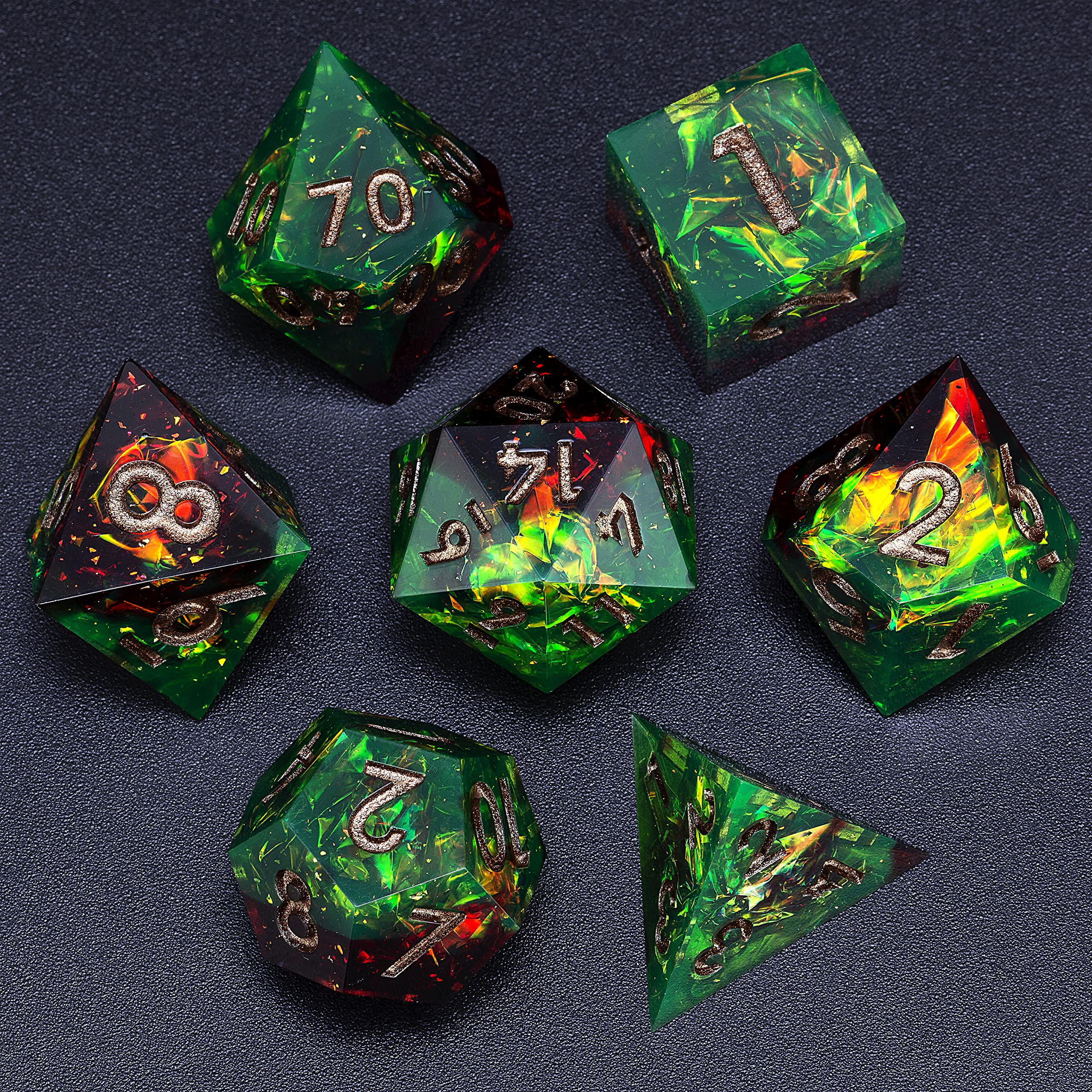 DND Dice Sharp Edge Dice Polyhedral Dice Mini Planet Dice Dungeons and Dragons Dice Handmade Dice Set Peachy Galaxy (Jungle FIRE)