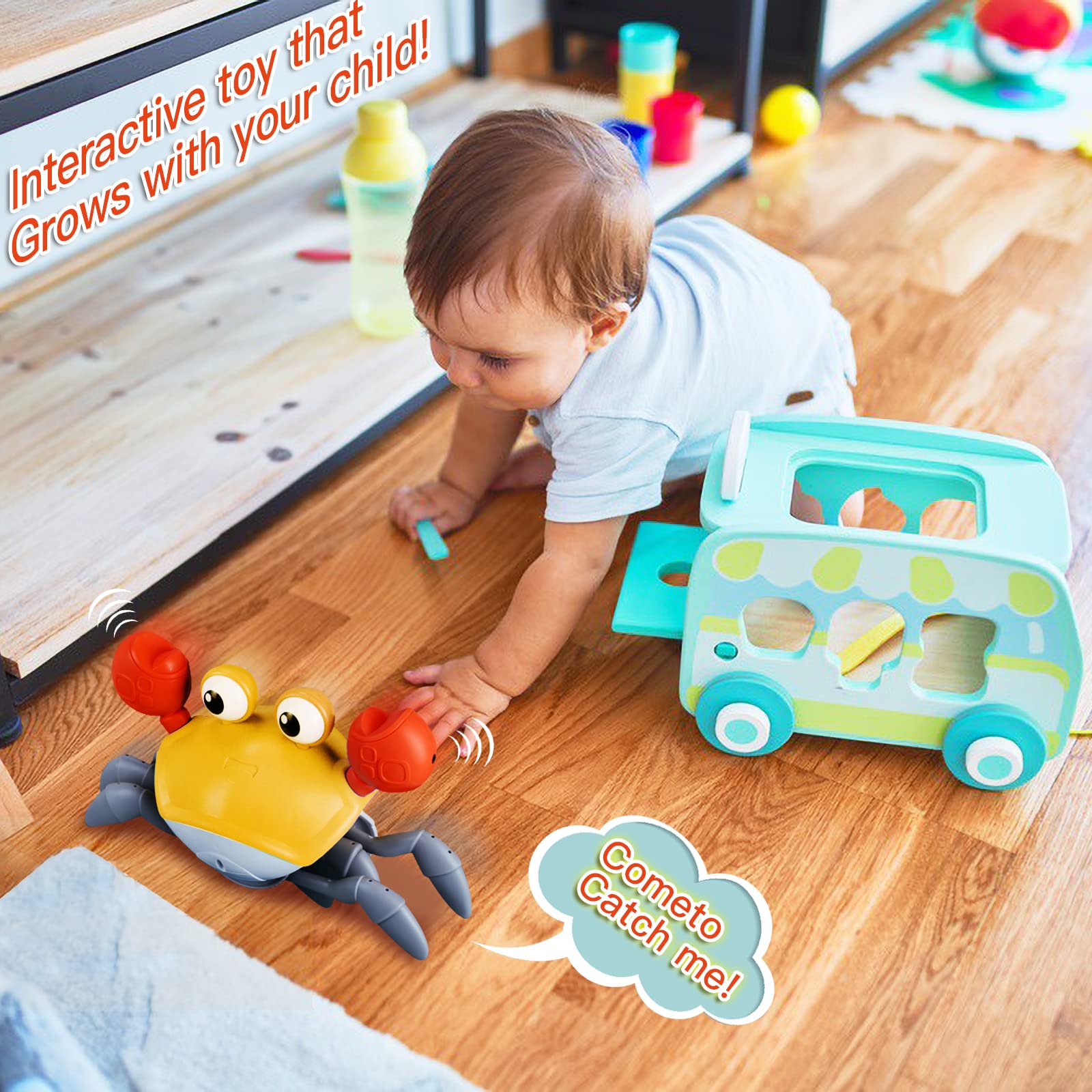 DASDSA Crawling Crab Baby Sensory Tummy time Toys for 1 Year Old boy Girl,Walking Crab Baby Toys Moving Dancing with Music and Light,Avoid Obstacles Interactive Development Baby Toys