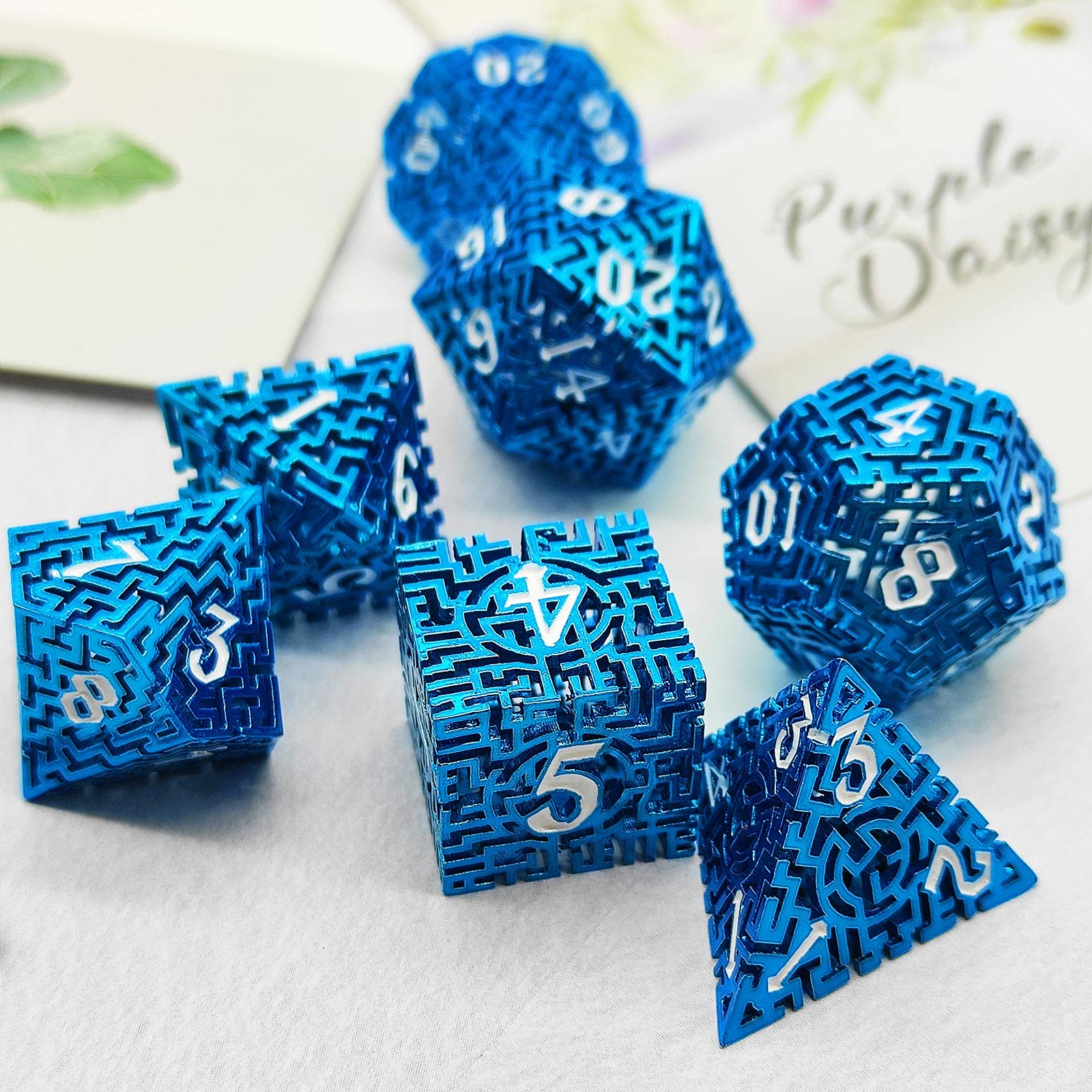 DND Polyhedral Hollow Metal Dice Set RPG Maze Design D&D Dungeons and Dragons D and D MTG Weighted Pathfinder Board Game D4 D6 D8 D10 D% D12 D20 (with Free Metal Storage Box) Dice-Blue