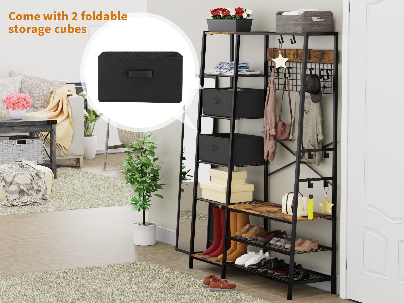 LGHM Modern Versatile Hall Tree with 10 Fixable Metal Hooks, Coat Rack Stand with 6 Side Shelves, Entryway Shoe Bench with Adjust Coat Rack, Top Mesh Shelf, 2 Fabric Box Rustic Brown