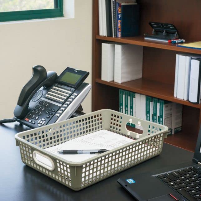 Really Good Stuff 12PK Plastic Desktop Paper Storage Basket for Classroom or Home–14”x10” Plastic Mesh Basket-Secure Papers Crease-Free–Pebble