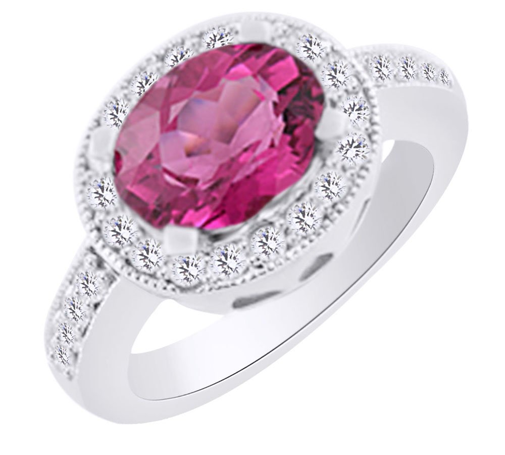AFFY 2.9 cttw Simulated Pink Sapphire & White Natural Diamond Halo Engagement Wedding Ring in 14k White Gold with Ring Size 12.5
