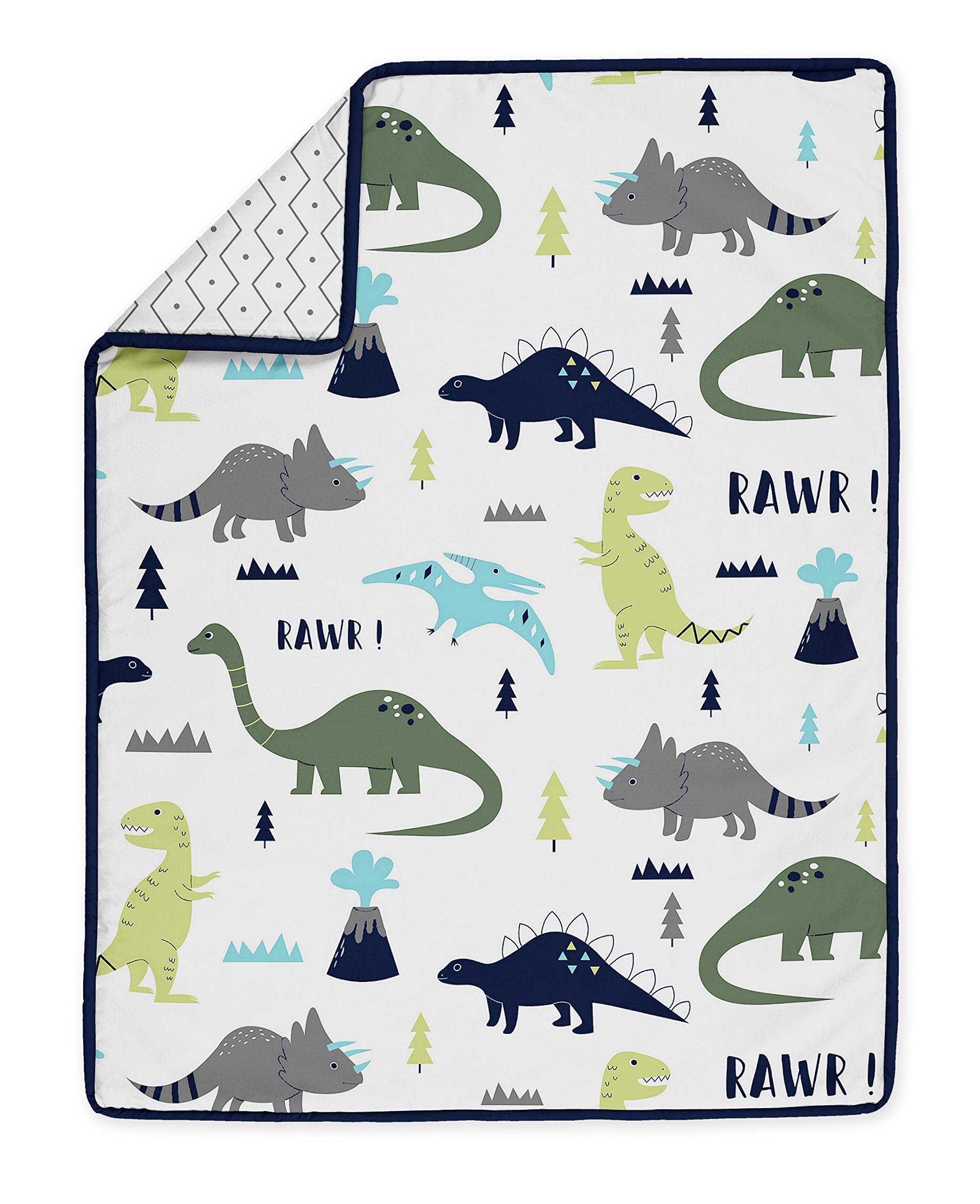 Sweet Jojo Designs Navy Blue and Green Modern Dinosaur Baby Boys or Girls 4 Piece Crib Bedding Set for Mod Dino Collection