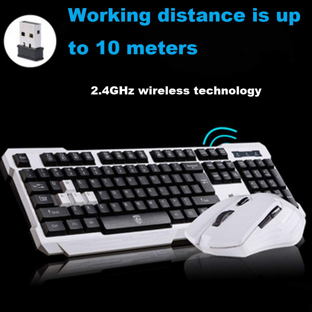 Keyboard Mouse Combos,Soke-Six Waterproof Multimedia 2.4GHz Wireless Gaming Keyboard with USB Cordless Ergonomic Mouse DPI Control for Desktop PC Laptop(White)
