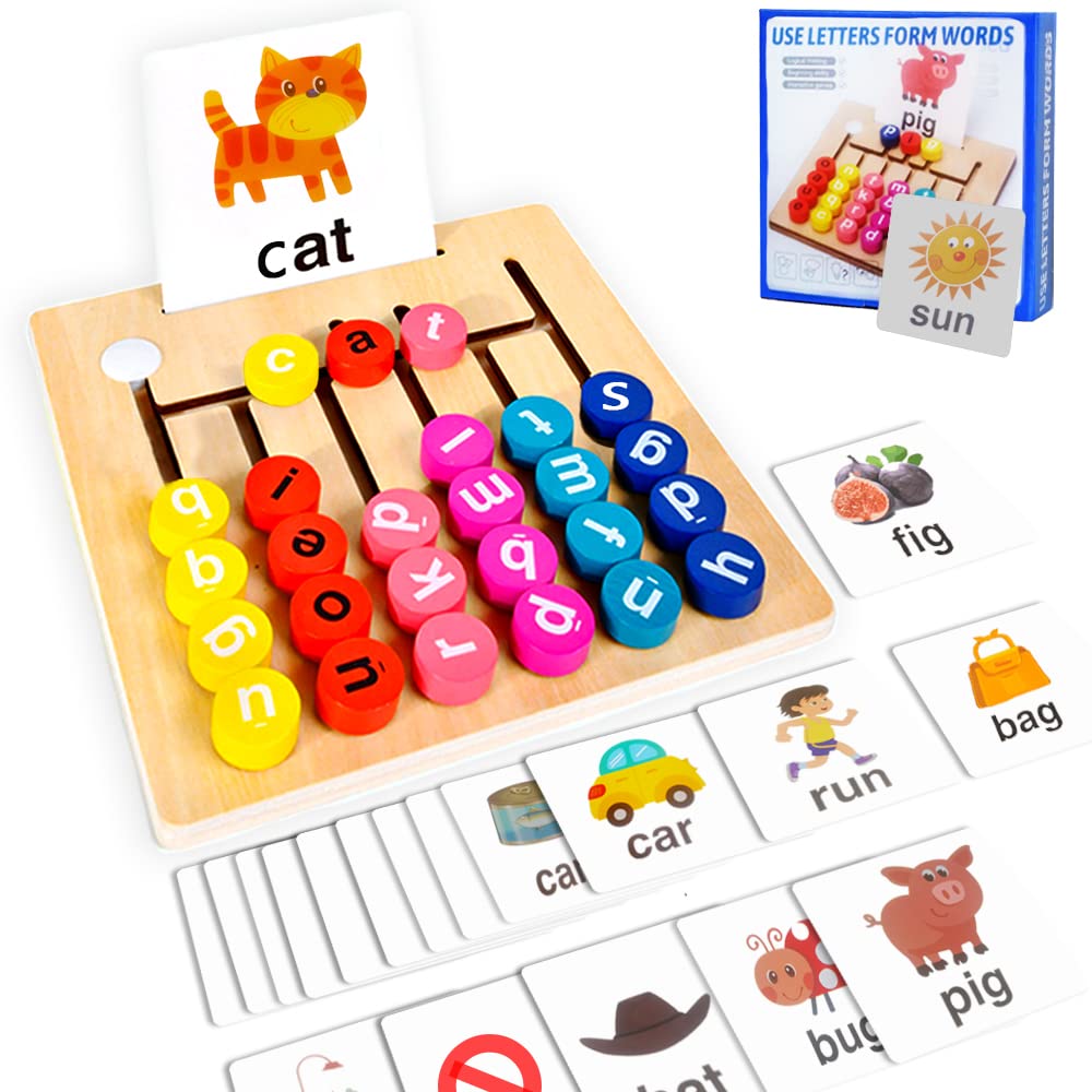 GIMCALO Sight Word Games, Montessori Letter Puzzle Building Blocks CVC Flash Cards Kindergarten Homeschool, ABC Learning Education Toddlers Wooden Toys, Birthday Easter Xmas Gifts for Kids Ages 3-7