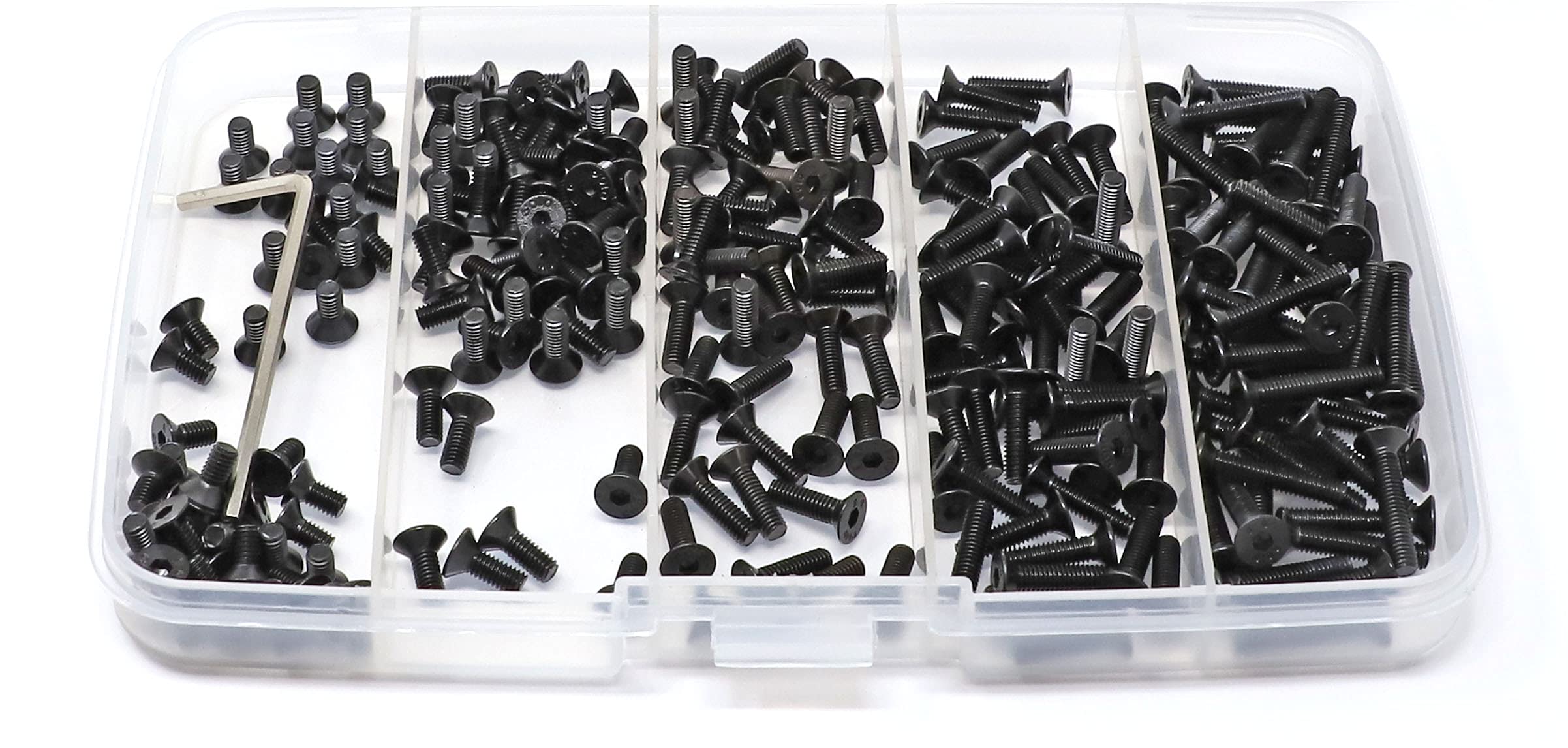 iexcell 250 Pcs M3 x 6/8/10/12/16 Alloy Steel 10.9 Grade Hex Socket Flat Head Cap Screws Bolts Assortment Kit, Black Oxide Finish