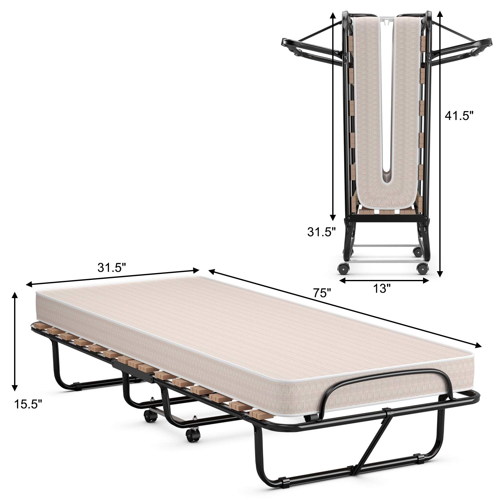 KOMFOTT Folding Rollaway Bed with 4" Mattress, Foldable Rollaway Bed with Memory Foam Mattress for Adults, Portable Fold Up Guest Bed with Sturdy Steel Frame on Wheels for Home & Office, Made in Italy