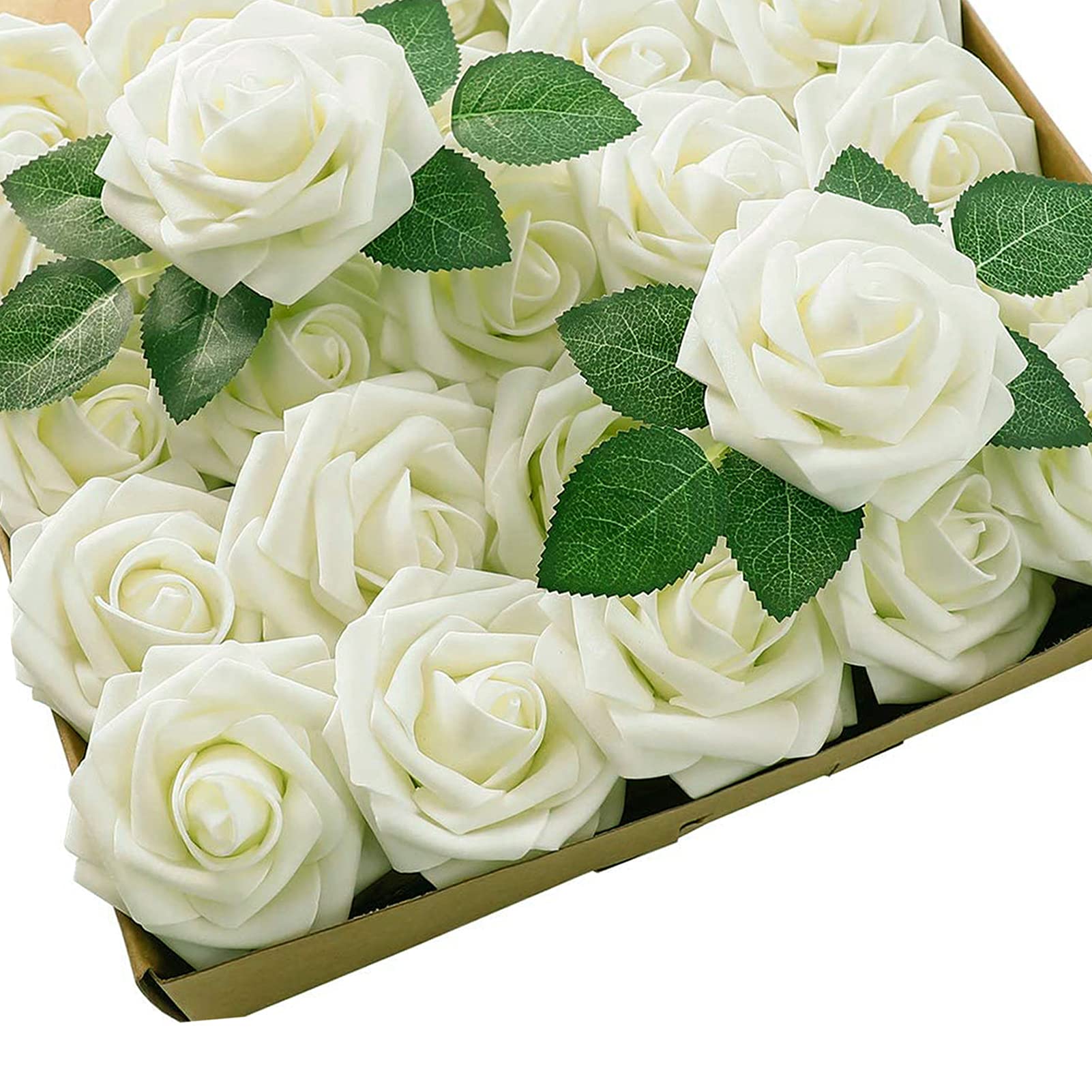 Mellamo Artificial Flowers Fake Ivory Roses 50 PCS w/Stem Fake Rose Flower Heads for Valentine's DayBouquets for Wedding Pink Decorations Centerpieces Arrangements Party Home Garden Decor (Ivory)