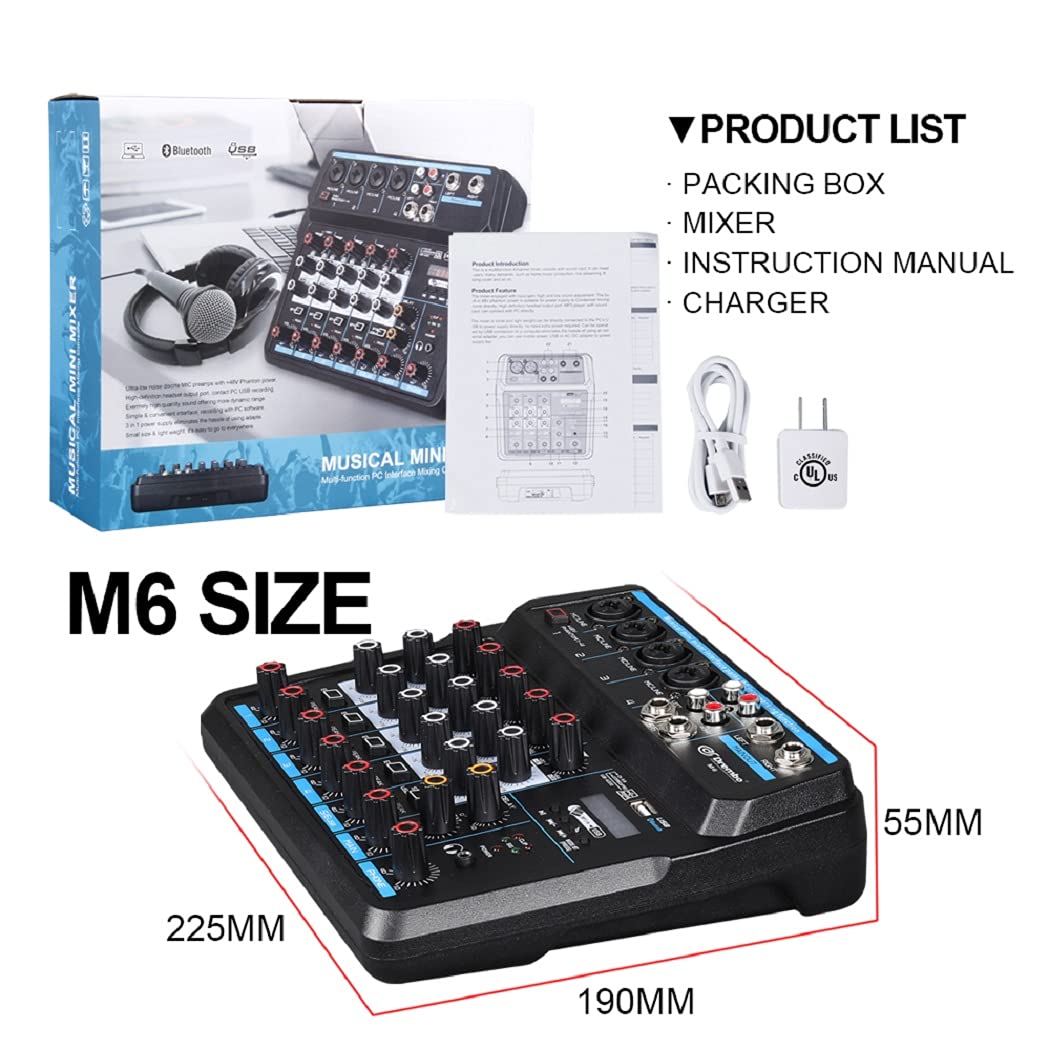 D Debra M6 Mini Audio Mixer Mixing Console Mixer Sound 6 Channel with Sound Board USB Bluetooth Audio Interface Mic Preamps 48V Phantom Power Mixer Use for DJ Studio PC Recording Singing Webcast Party