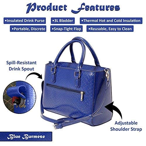 Primeware Insulated Drink Purse w/ 3L Bladder Bag | Thermal Hot and Cold Storage | Portable Drinking Dispenser for Wine, Cocktails, Beer, Alcohol | PU Leather Finish (Blue Burmese)