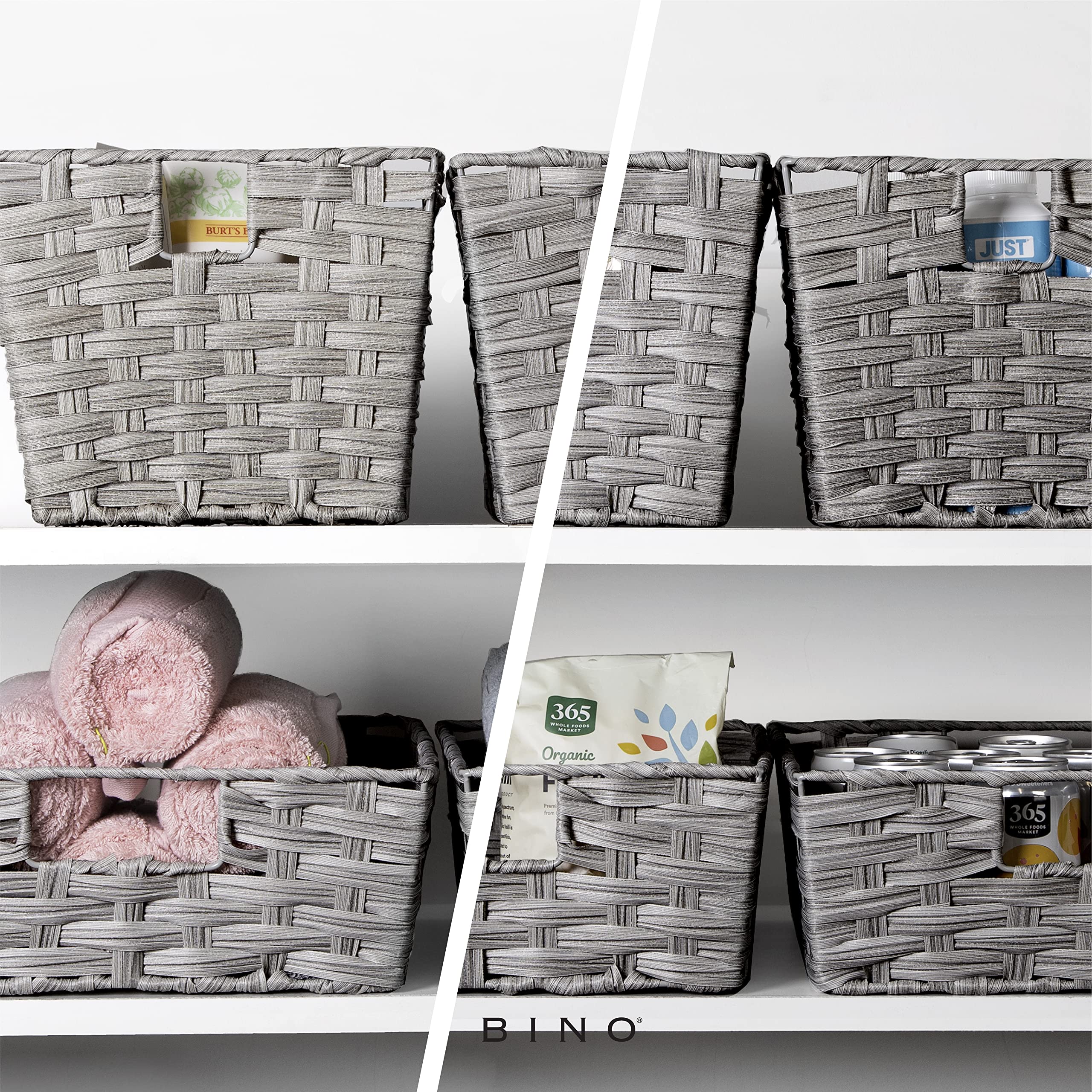 BINO 2 Pack Woven Resin Basket Organizer - Shelf Organizer with Built-in Carry Handles, Large - Light Grey