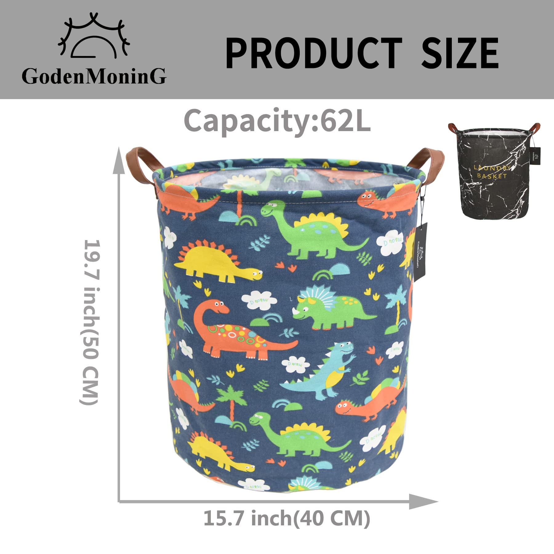 Collapsible Laundry Basket,GodenMoninG 2X 62.8L Large Sized Round Waterproof Storage Bin with Leather Handles,Toy Organizer,Children Nursery Hamper.(2 PACKS,Black Marbling & Blue Dinosaurs)