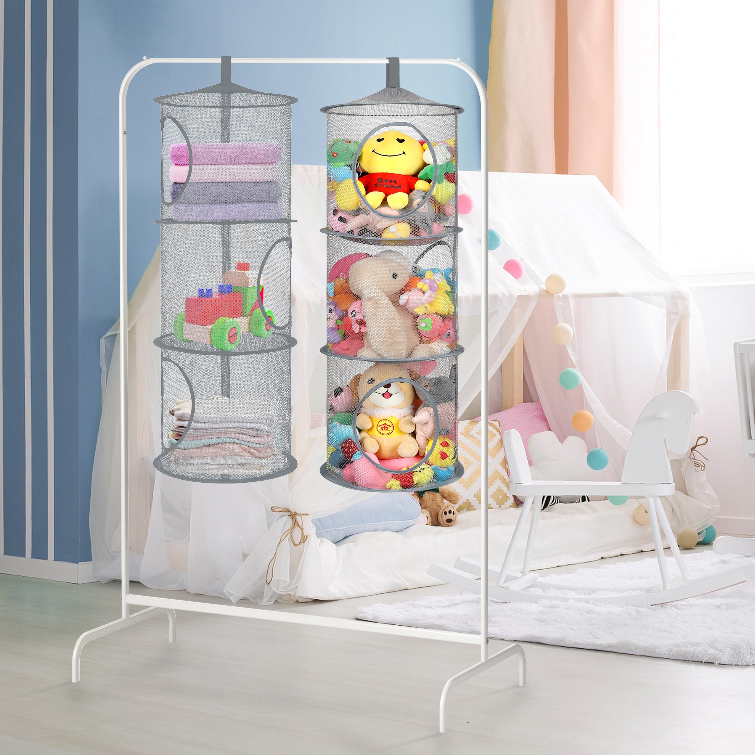 coastal rose 2Pcs Stuffed Animal Storage Foldable Stuffed Animal Net or Hammock Organizer, 3 Compartments Hanging Mesh Toy Storage Hammock for Kid Room Toys, Gloves, Hats, Socks(Grey)
