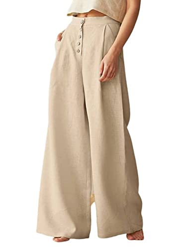 chouyatou Women's Summer High Waisted Cotton Linen Palazzo Wide Leg Casual Pants with Pockets (Large, Khaki)