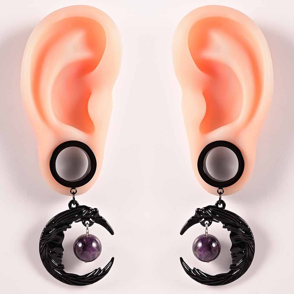 Atomhole 2PCS Moon Dangle Ear Tunnels Gauges 316 Stainless Steel Hypoallergenic Earrings Plugs Expanders for Stretched Piercing Body Jewelry (10mm(00G), Black)