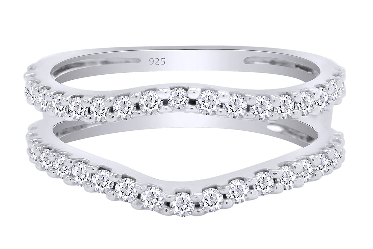 AFFY Round White Cubic Zirconia Enhancer Guard Ring In 14K White Gold Over Sterling Silver Jewelry For Women (1.00 Cttw) Ring Size-9.5