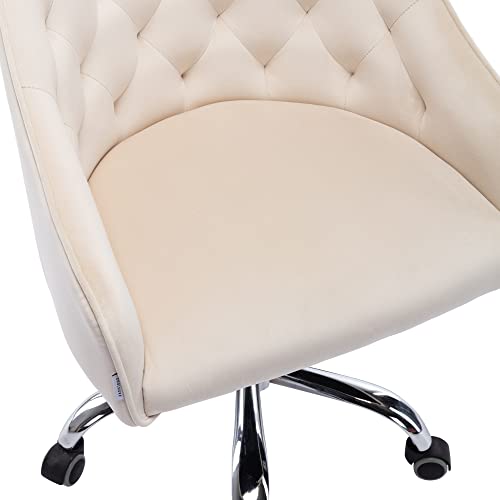 Goujxcy Home Velvet Office Desk Chair with Mid-Back, Modern Height Adjustable 360°Swivel Upholstered Computer Task Chair with Arms and Wheels for Living Room Bedroom (Beige)