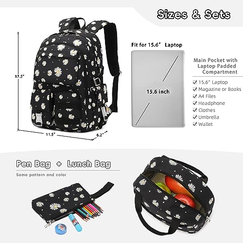 Classic Diamond Daisy Backpack for School Backpack for Girls Backpack with Lunch Box Bookbag Set Kids Backpacks for Teen Girls (Black)