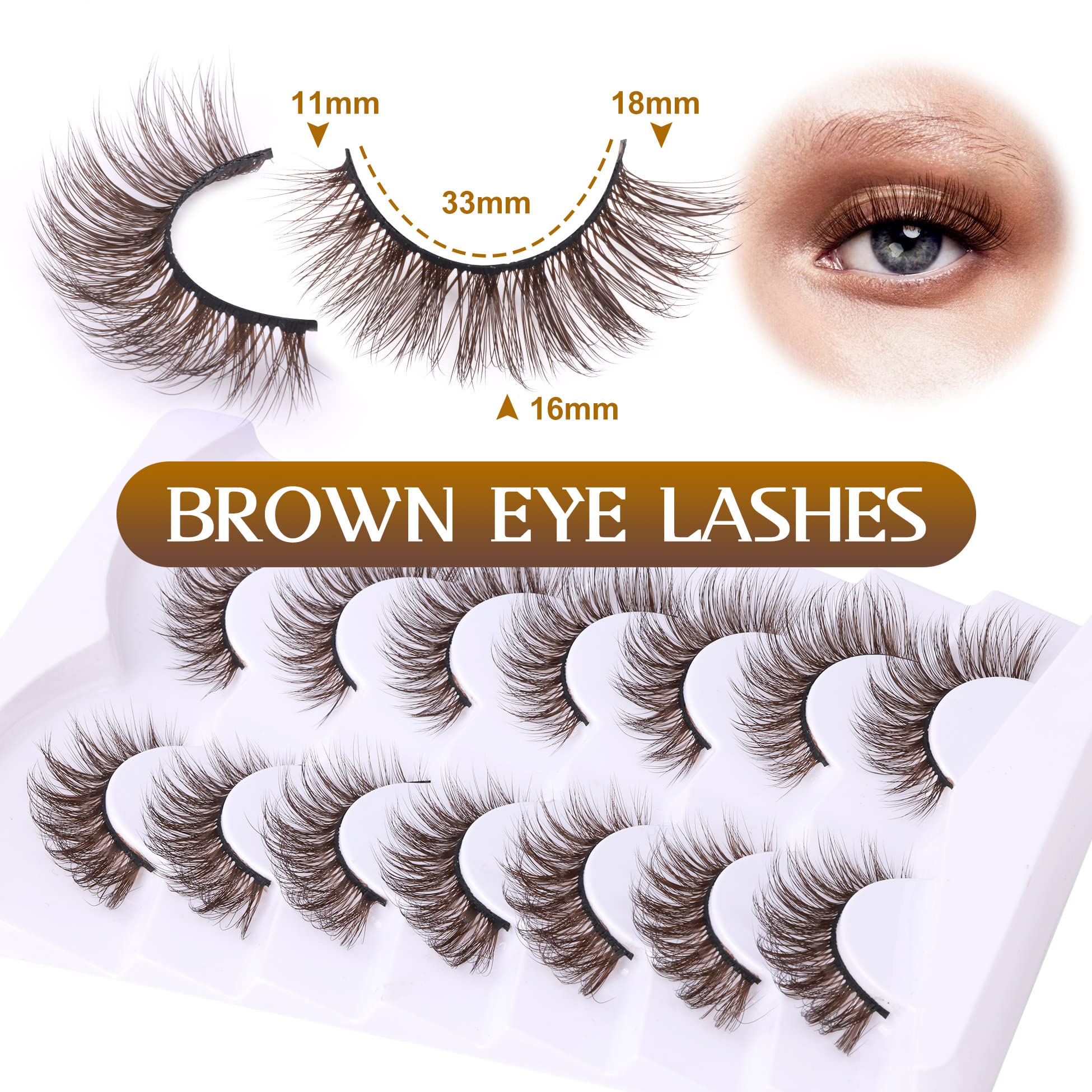 ALPHONSE Brown Lashes Strip, Dark Brown Colored False Lashes Extensions, Natural Look Short Wispy D Curl Brown Eyelashes 7 Pairs Pack