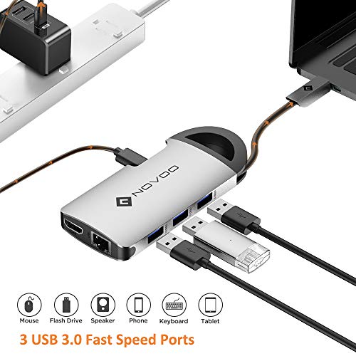 NOVOO USB C Hub 8 in 1 with Hidden Cable Multiport Adapter with 4K HDMI 100W PD Charging Ethernet 3*USB 3.0 SD/TF Card Reader, USB C to HDMI Adapter for Thunderbolt Laptops Phones and Tablets