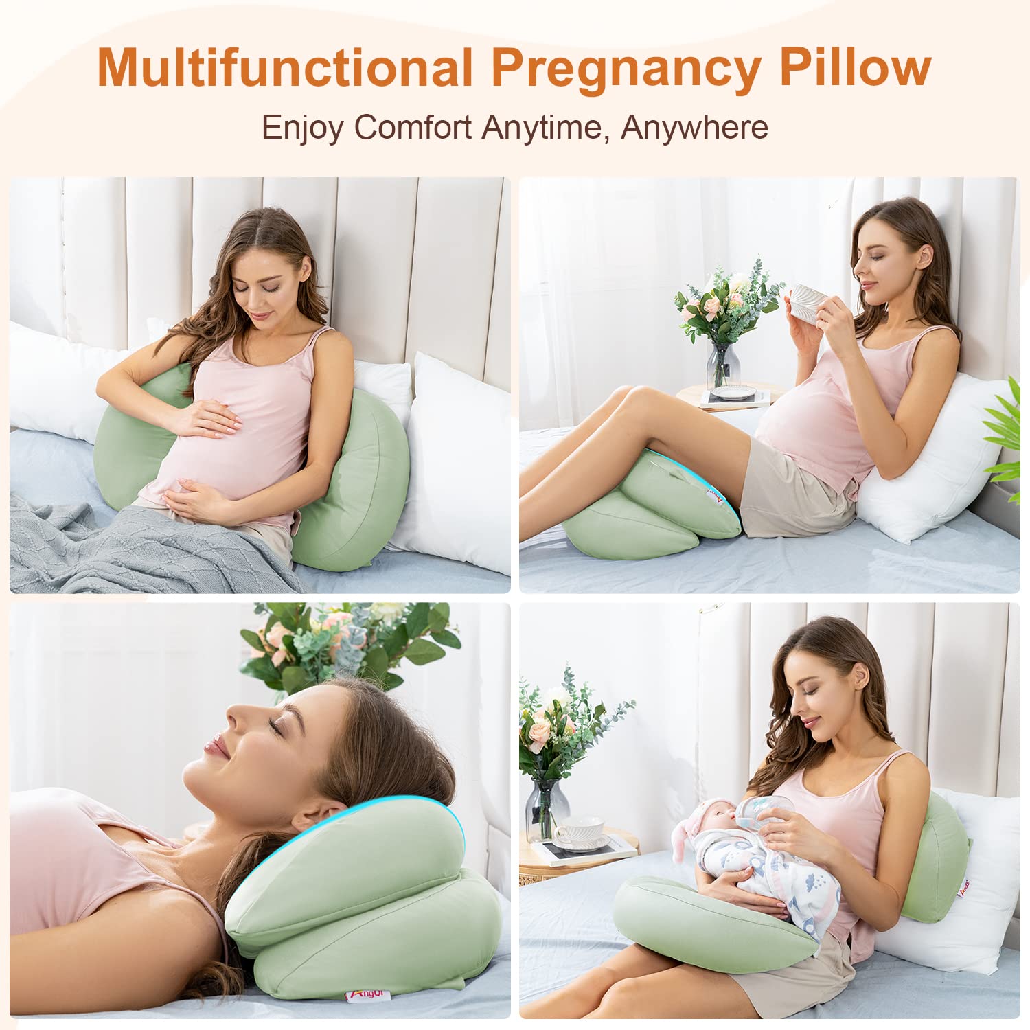 AngQi Pregnancy Pillows for sleeping, Side Sleeper Pregnancy Wedge Pillows, Double Wedge for Body, Belly, Back Support, Maternity Pillow with Removable and Adjustable Cover(Pale Green)
