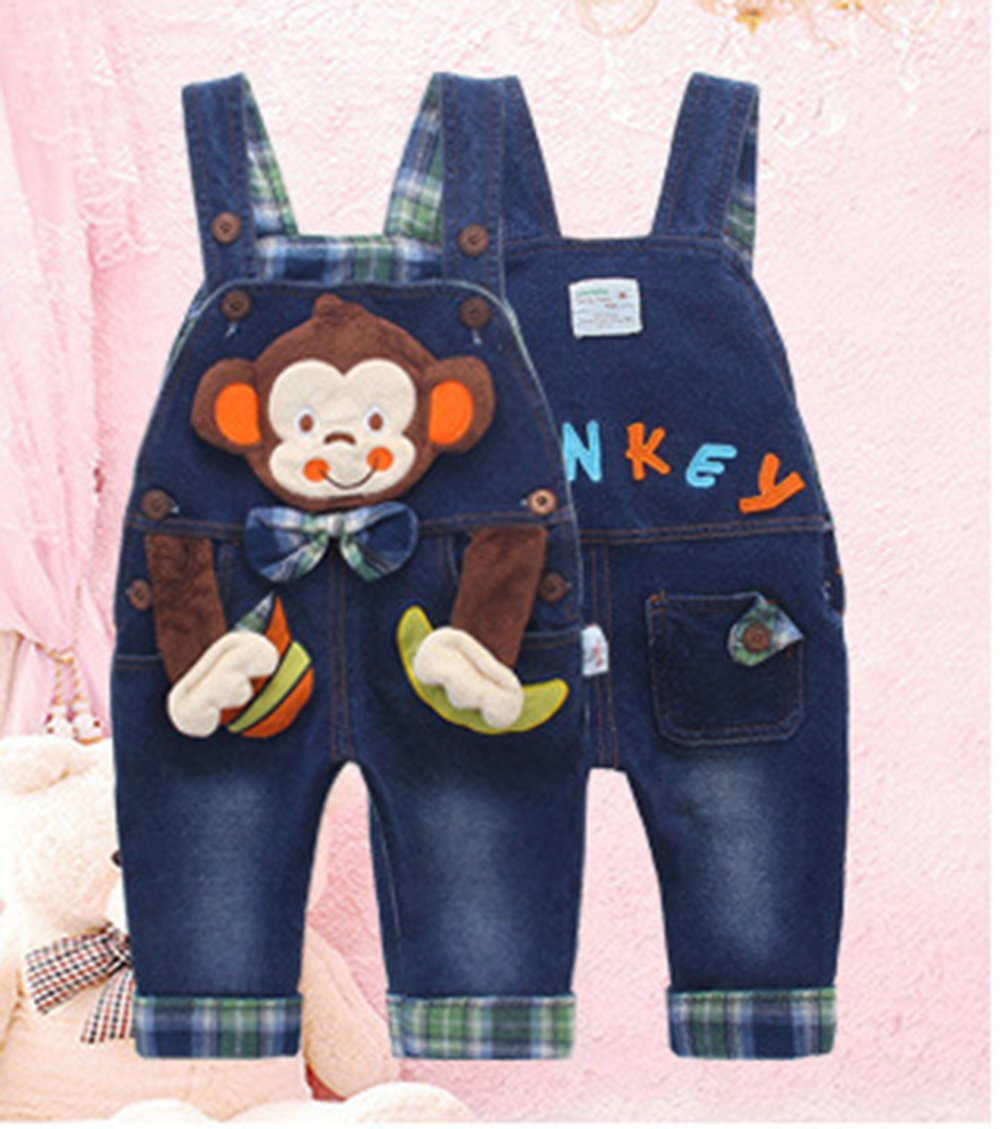 KIDSCOOL SPACE Baby Boy Girl Jean Overalls,Toddler Denim 3D Monkey Dungarees Pants,Blue,18-24 Months