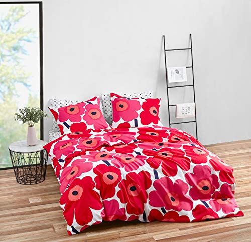 Marimekko - Queen Comforter Set, Cotton Bedding with Matching Shams, Lightweight Home Decor for All Seasons (Unikko Red, Queen)