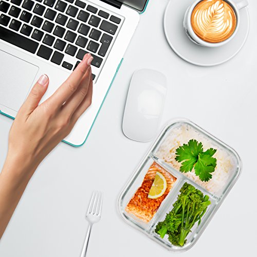 PrepNaturals glass food storage containers, meal prep container, bento box for lunch, dishwasher & microwave safe (multi-compartment)