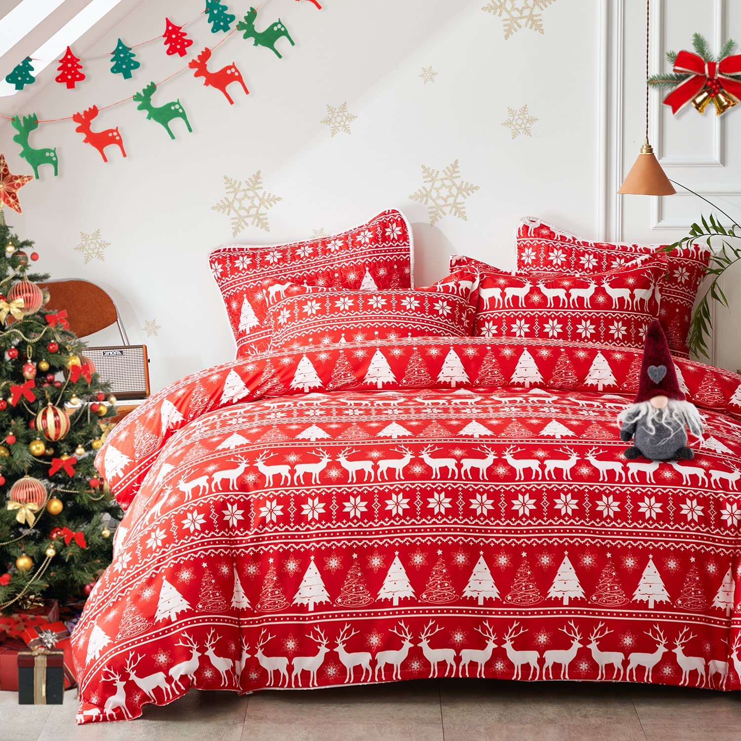 Flysheep Christmas Comforter Set 3 Pieces Twin Size 68x88 inches, Red White Snowflake and Deers Trees Reversible Design, Soft Microfiber Lightweight Bedding Sets for Kids